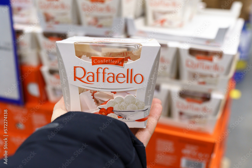 Tyumen, Russia-January 26, 2023: Raffaello in hand. Raffaello is a ...