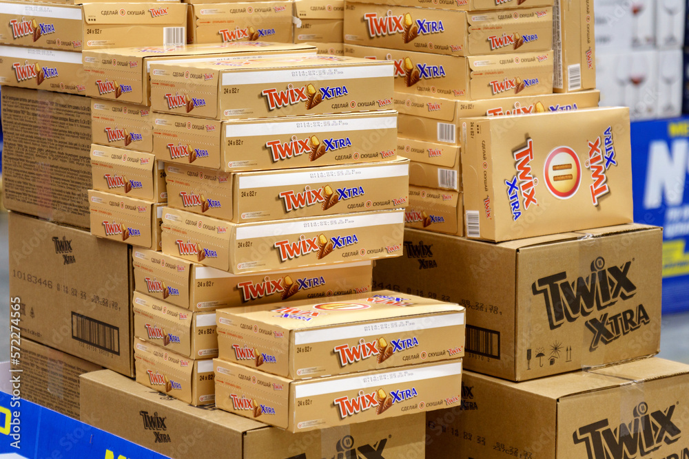 Tyumen, Russia-January 26, 2023: Twix is a caramel shortbread chocolate ...