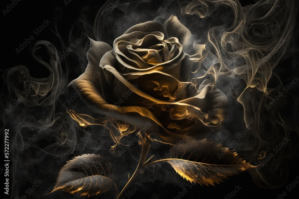 Golden rose and swirl smoke around, black background. Artistic flower ...