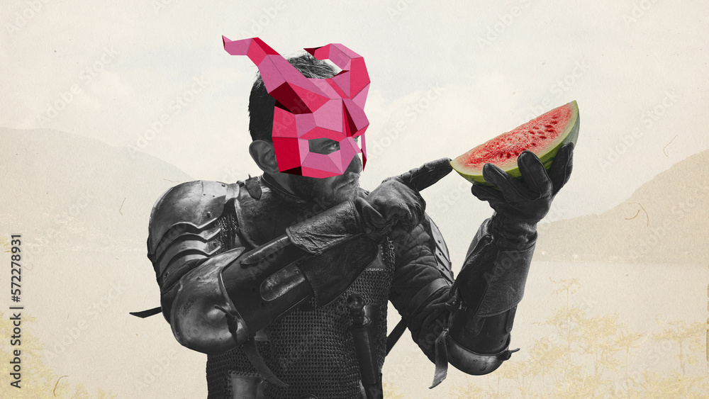 Creative artwork of medieval knight with 3D origami mask on his face ...