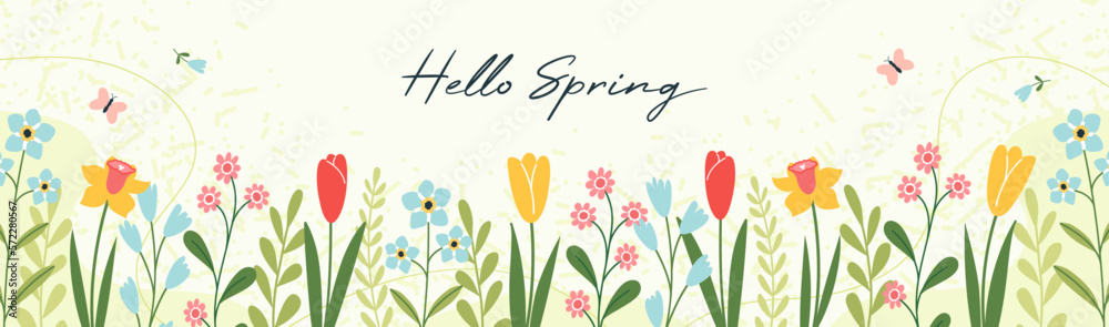 Hello Spring! Vector horizontal spring banner. Floral green background ...