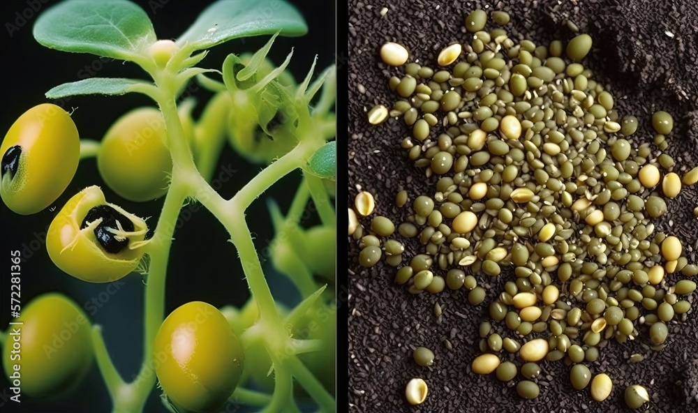 two pictures of plants and seed pods in soil and a picture of seed pods ...