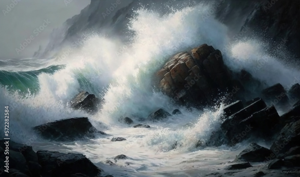 a painting of a wave crashing over rocks on the ocean. generative ai ...