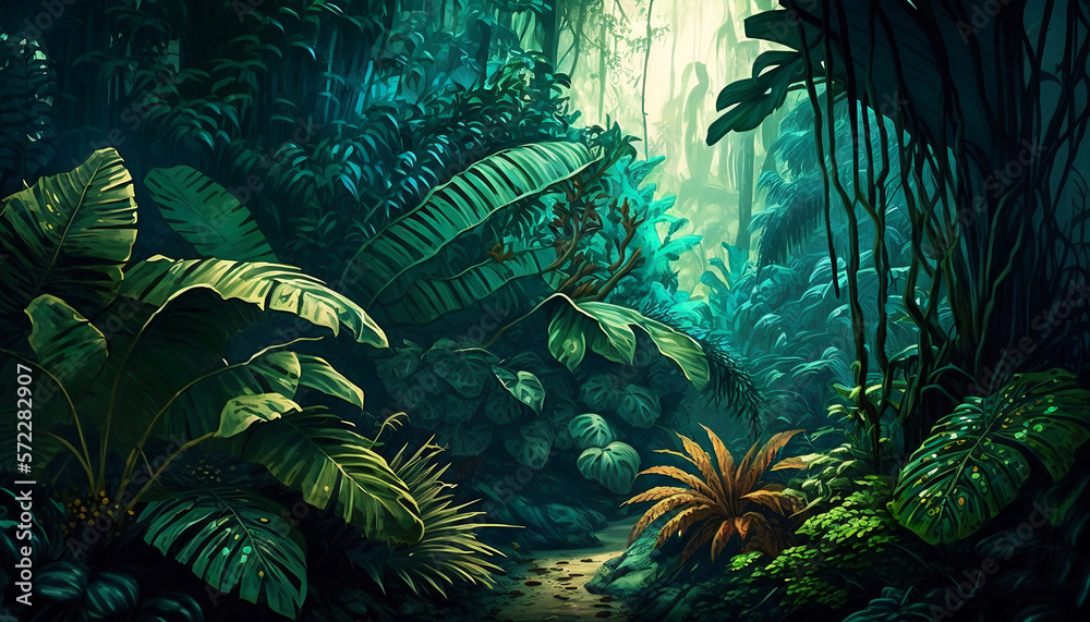 Rainforest graphic illustration. A horizontal shot of an overgrown ...
