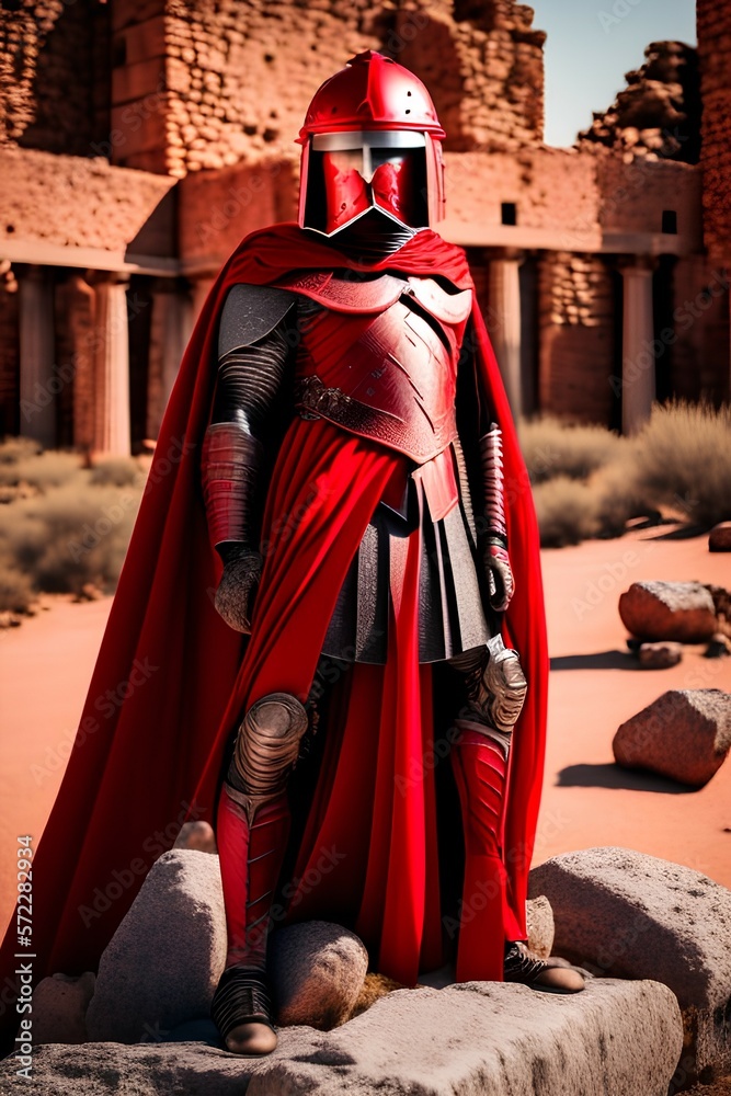 greek Sparta type helmet with red cape laying on rocks. Helmet of the ...