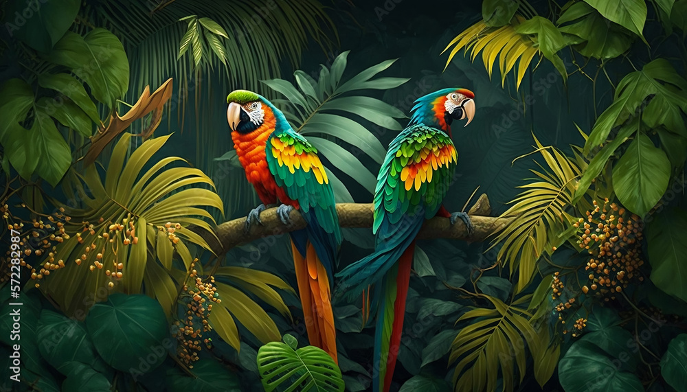 Parrots sitting on a branch in a tropical equatorial forest. Rainforest ...
