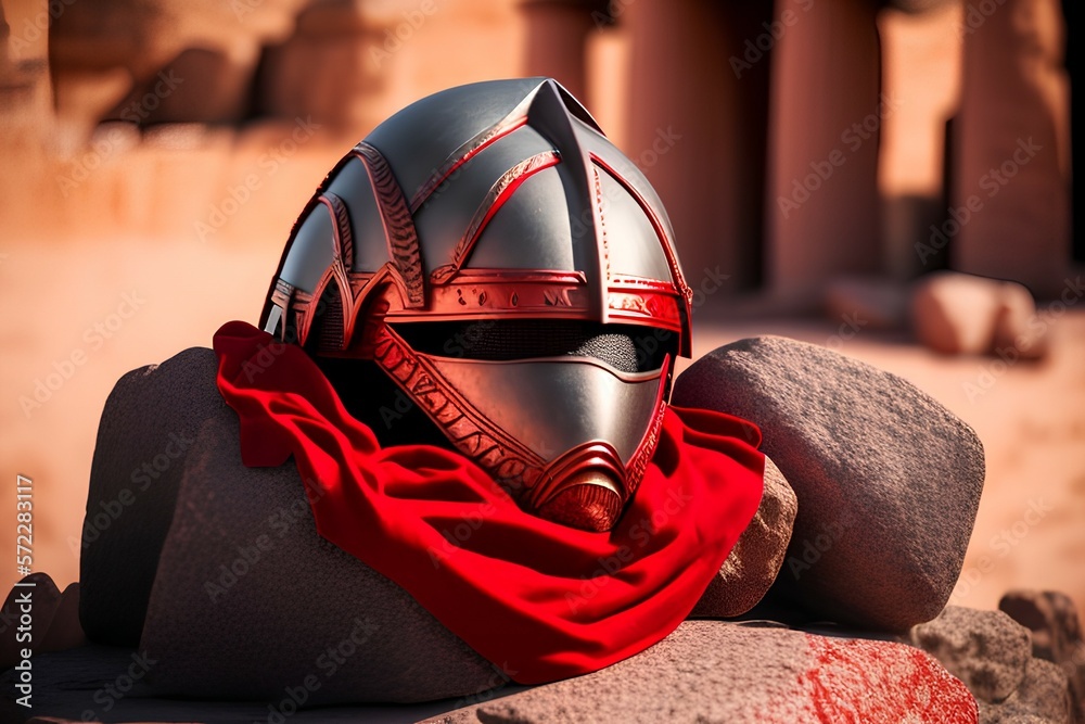greek Sparta type helmet with red cape laying on rocks. Helmet of the ...