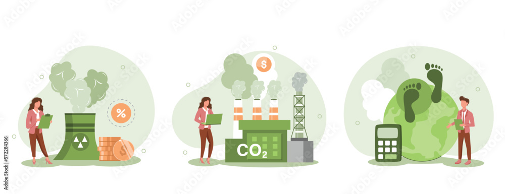 Characters showing ways to reduce CO2 emission impact through carbon ...