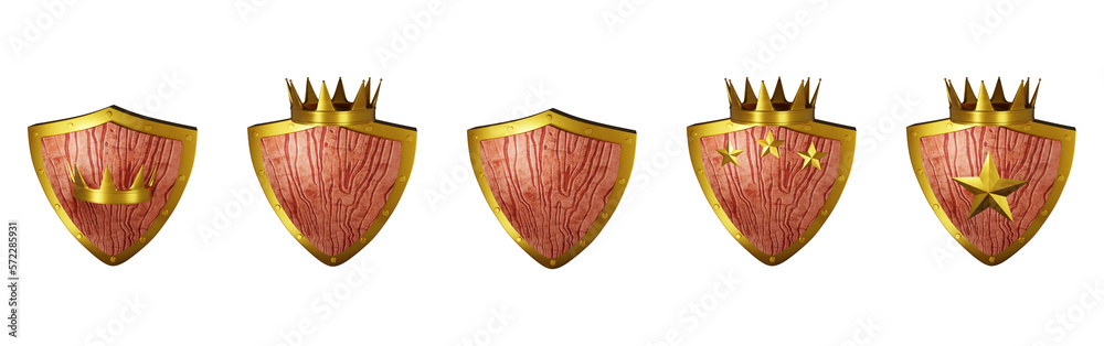 3D viking wooden shield, medieval game UI victory badge set, royal ...