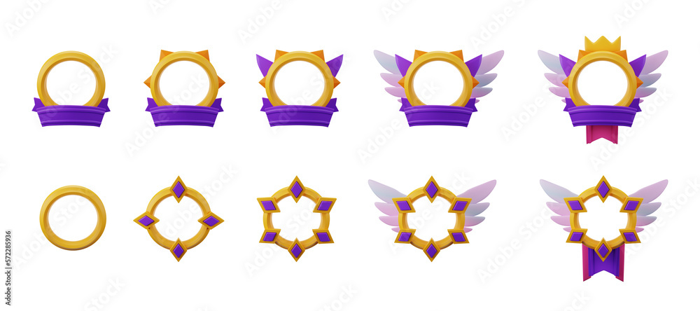 3D avatar frame set, cartoon photo border render, game award fantasy ...