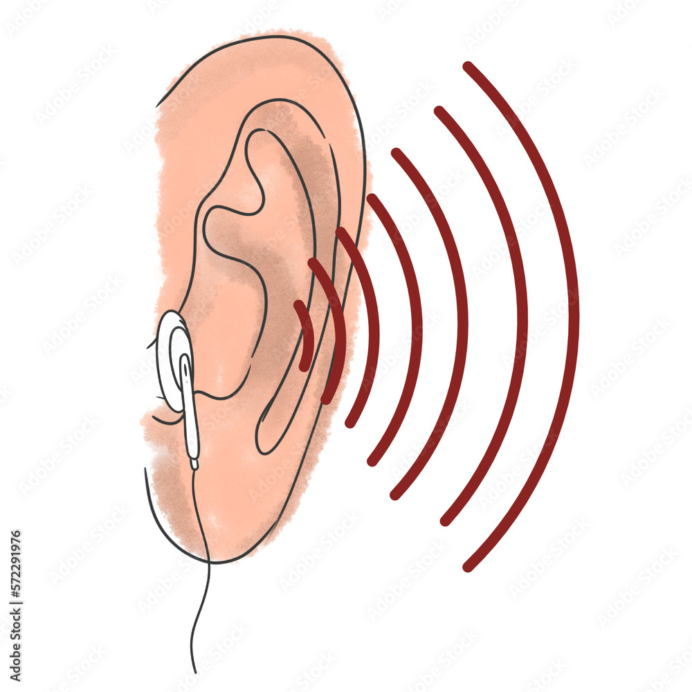 hand drawing illustration of an ear listening to sound using a headset ...