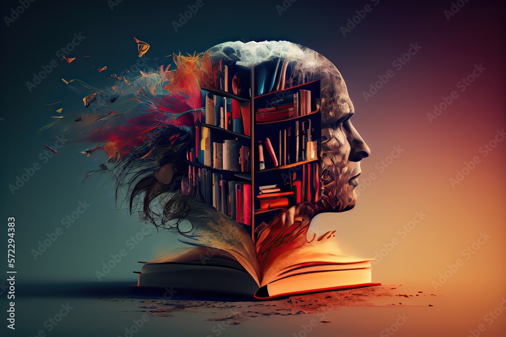 Human brain and books concept, knowledge and philosophy, generative AI ...