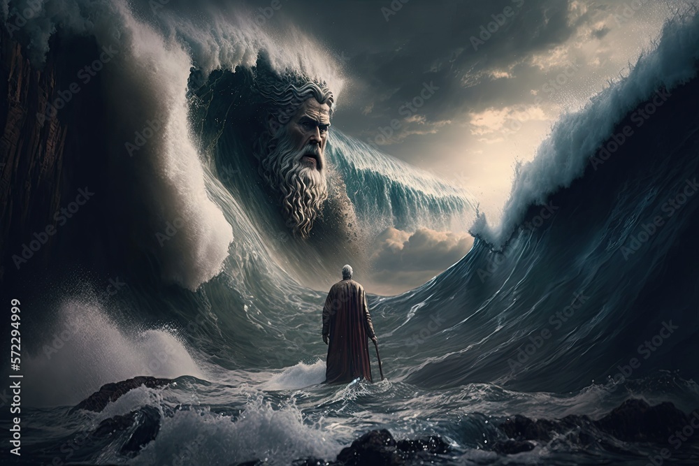 Exodus: Moses facing the opening sea for him to pass. Figure of God ...