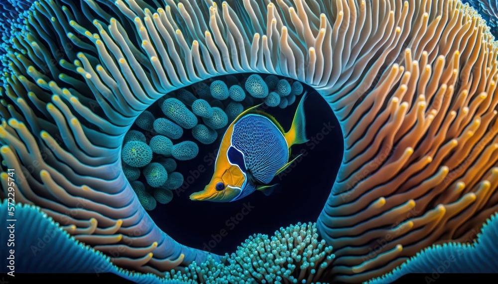 Pez ángel emperador comiendo en una anémona de mar, fotografía ...