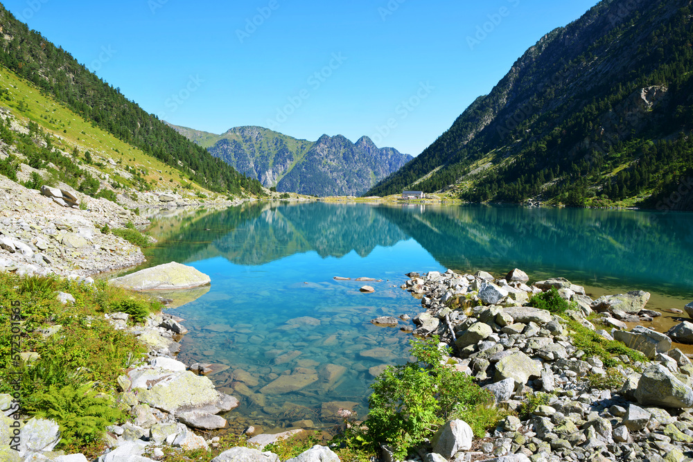 Gaube lake near village Cauterets in the Hautes-Pyrenees department ...