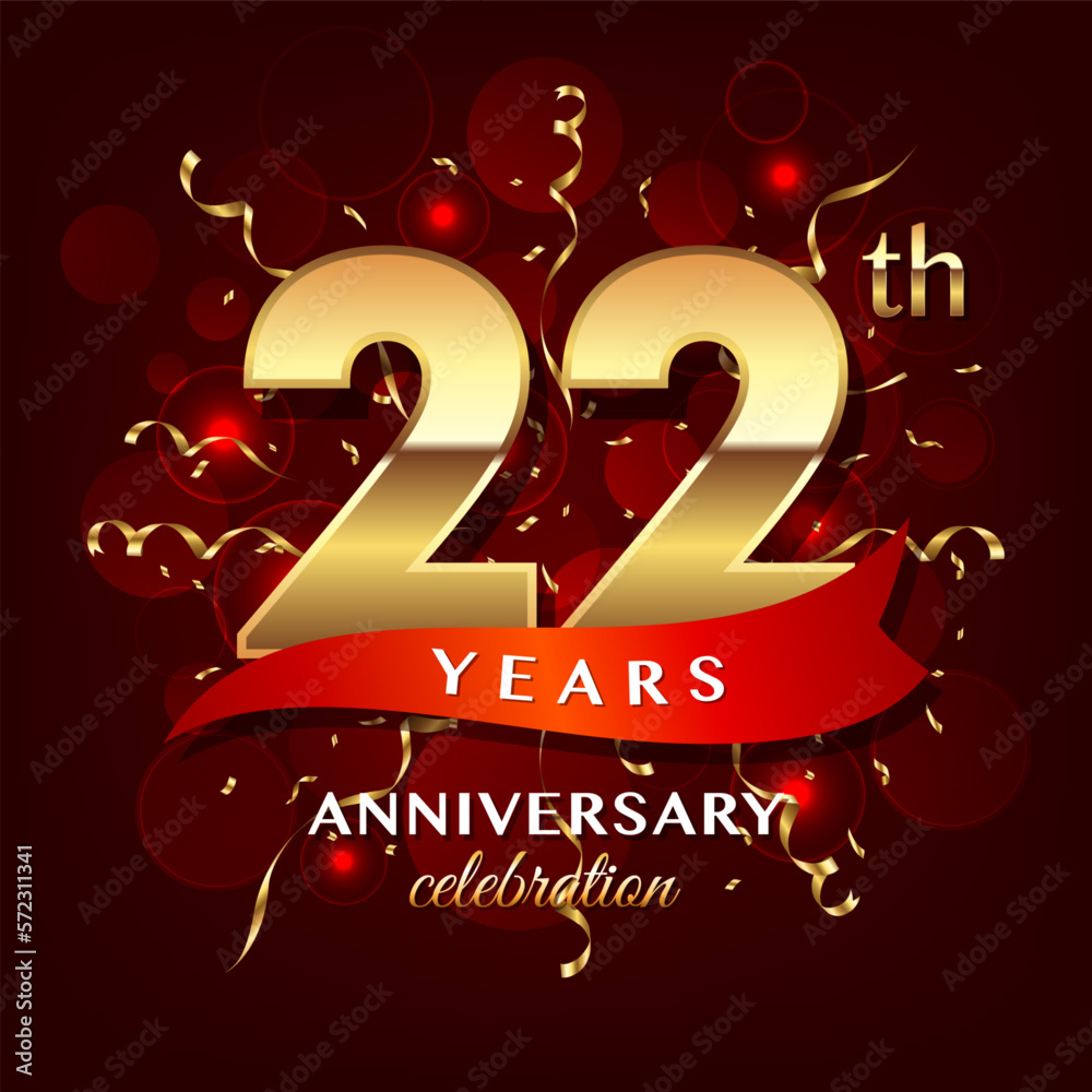22th Anniversary logo design with golden number and red ribbon for ...