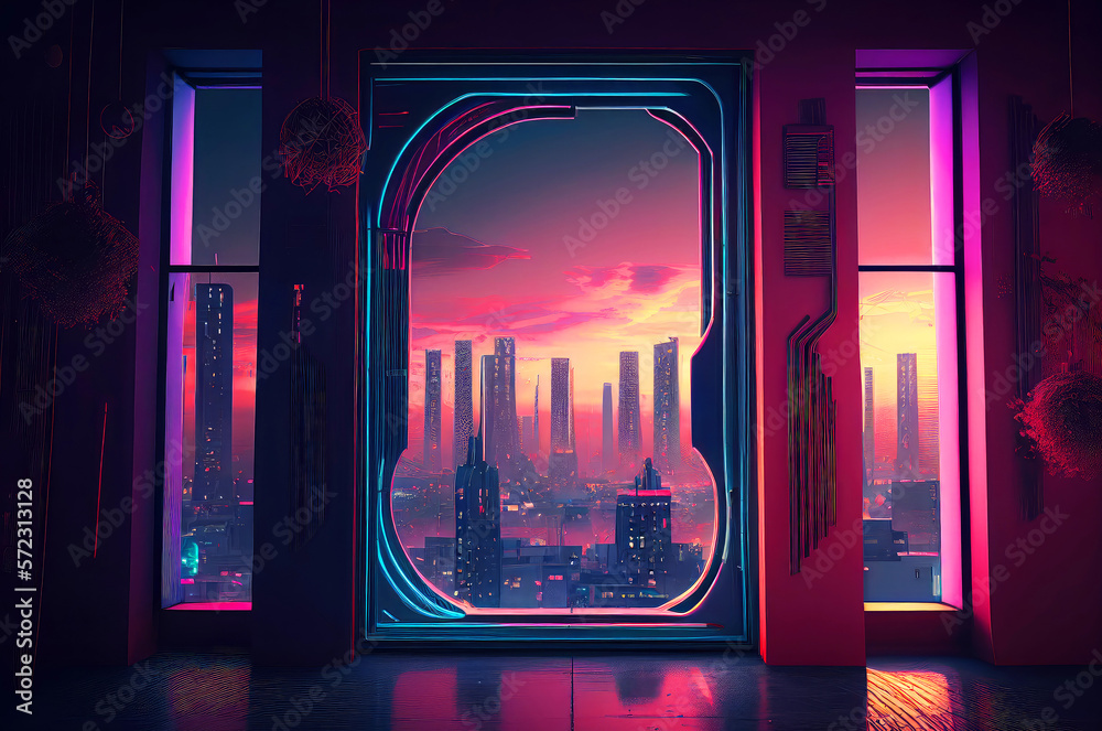 Futuristic Interior with dystopian cyberpunk megapolis view behind the ...