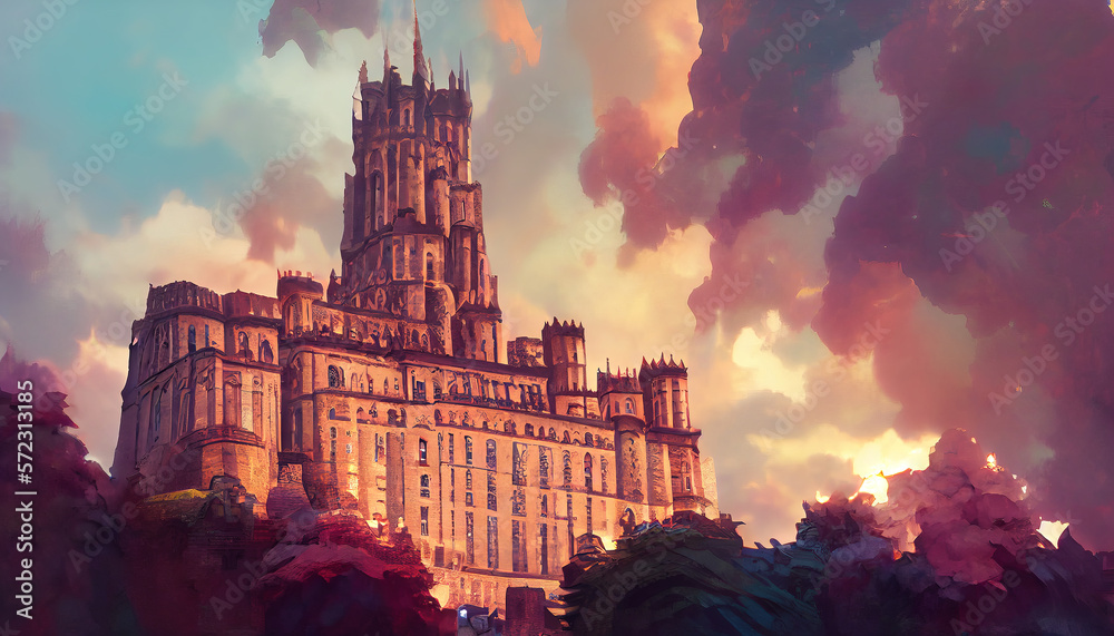 Old gothic castle. High stone castle in the clouds. Imitation of oil ...
