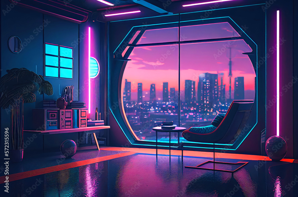 Futuristic Interior with dystopian cyberpunk megapolis view behind the ...