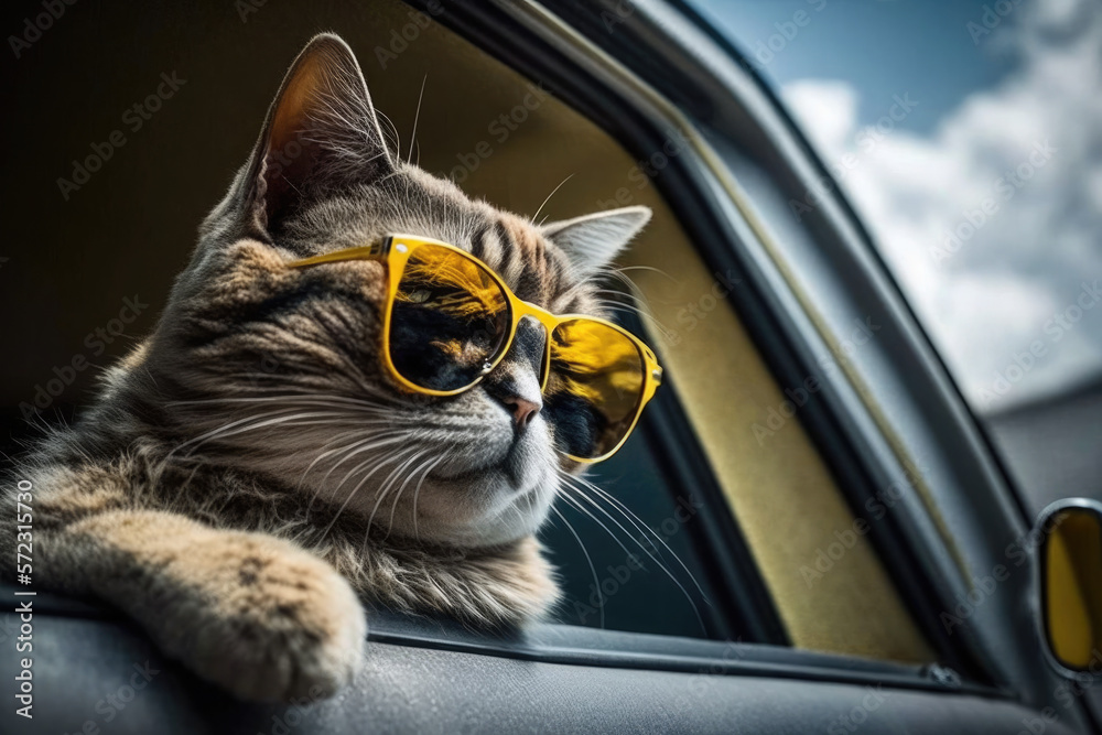 cat with sunglasses peeking out of a car window while driving,summer ...