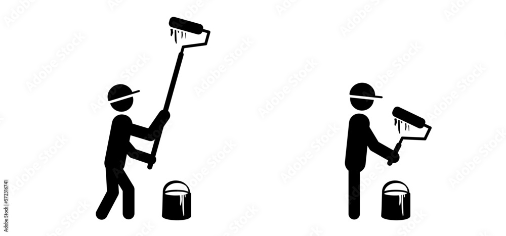 Cartoon stickman, stick figure man with color paint roller. Vector home ...