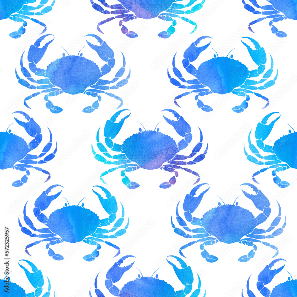 Seamless pattern with blue watercolor crabs on white background. Hand ...