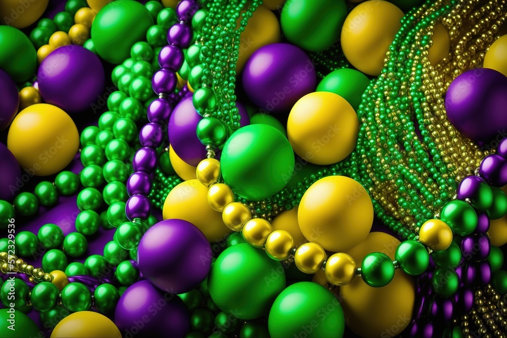 Mardi gras carnival decoration beads yellow green purple background ...