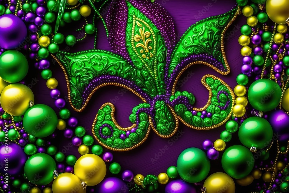 Mardi gras carnival decoration beads yellow green purple background ...