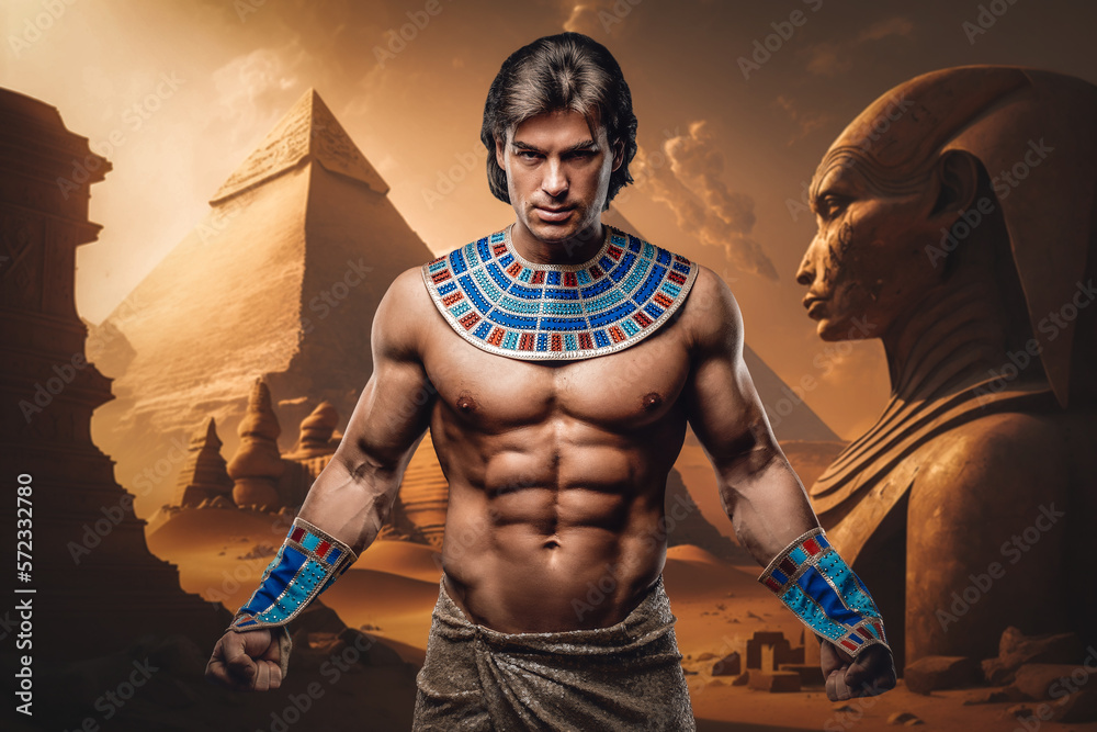 Portrait of muscular man in ancient egyptian desert with pyramids ...