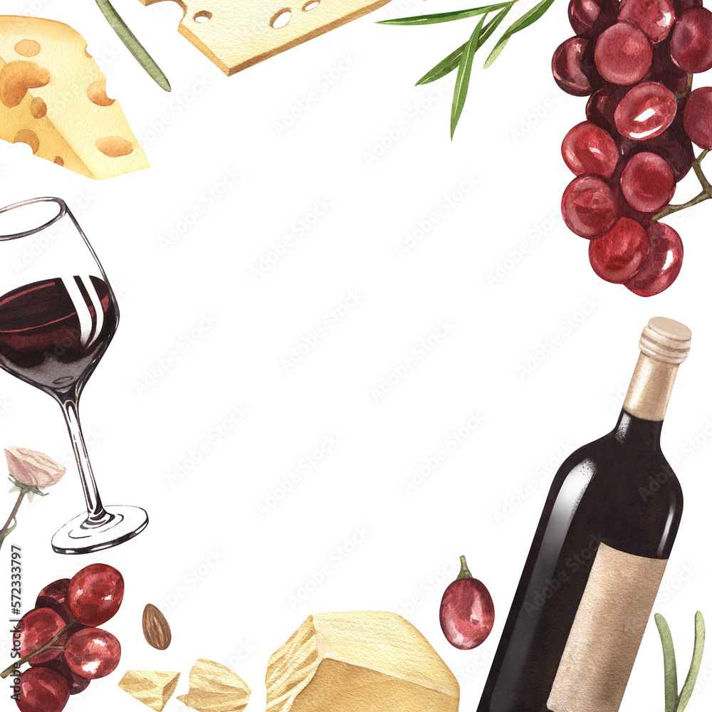 Illustrazione Stock Watercolor frame red wine and cheese. Hand draw ...