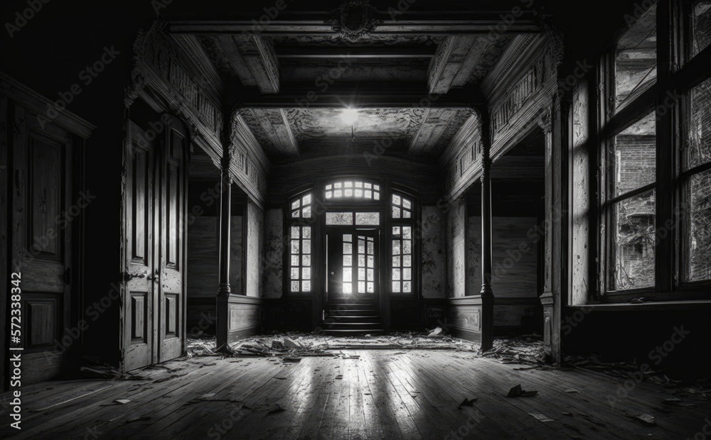 ghostly figure with scary face in abandoned house, dark hall interior ...