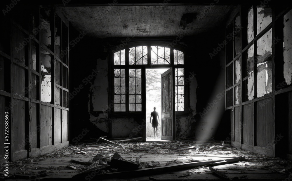 ghostly figure with scary face in abandoned house, dark hall interior ...