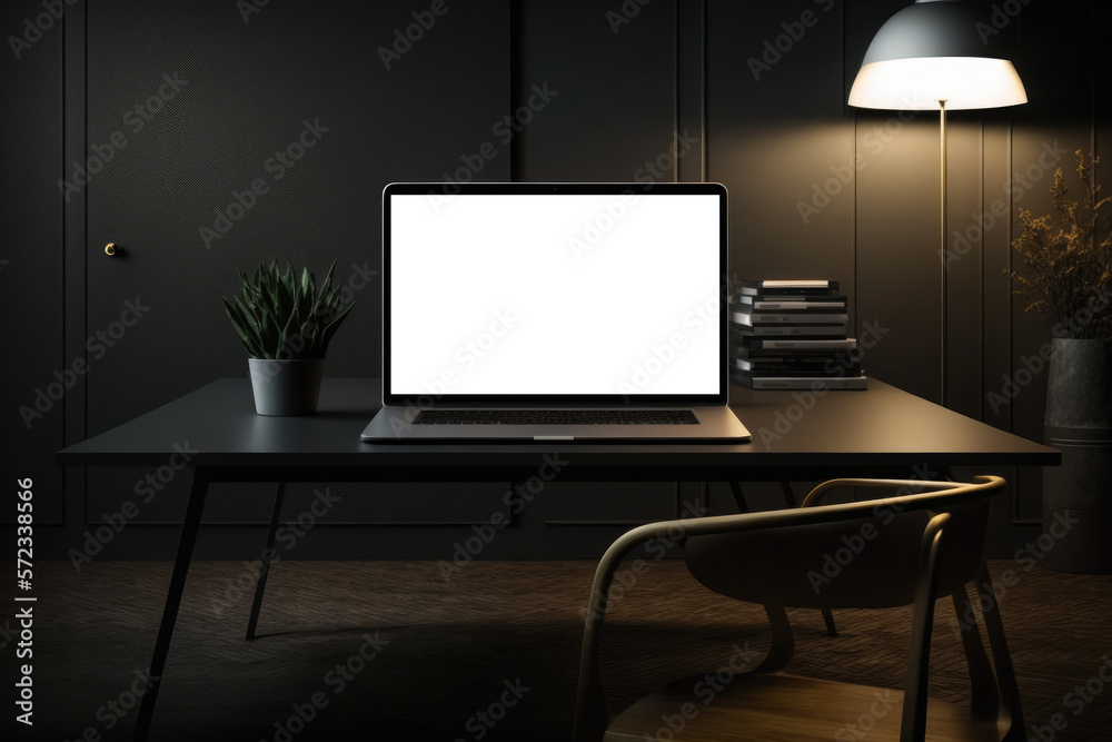 Workspace tabletop at night under the low light from table lamp with ...