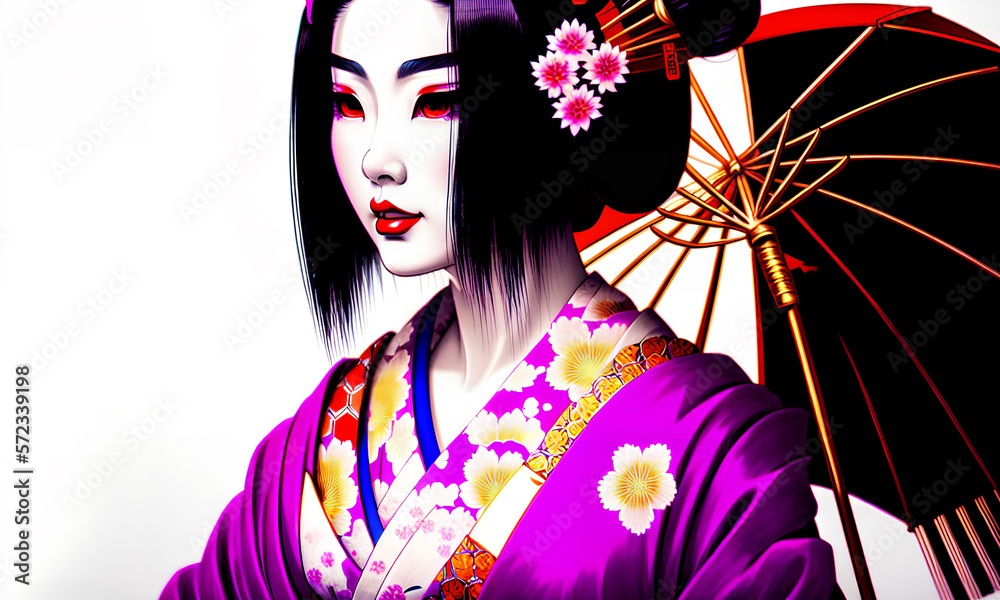 Geisha in classic Japanese costume. Drawing of a Japanese woman in a ...