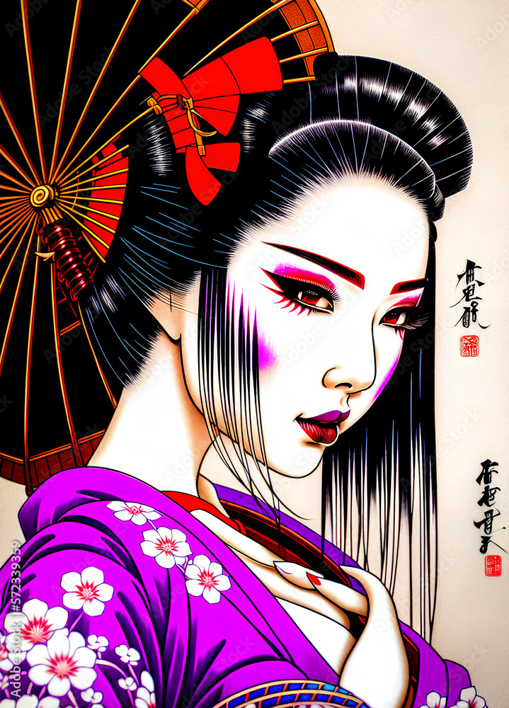 A modern drawing of a geisha in japan. Geisha in classic Japanese ...