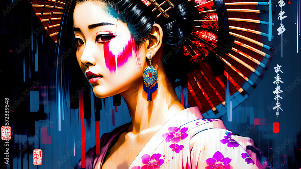 A modern drawing of a geisha in japan. Geisha in classic Japanese ...