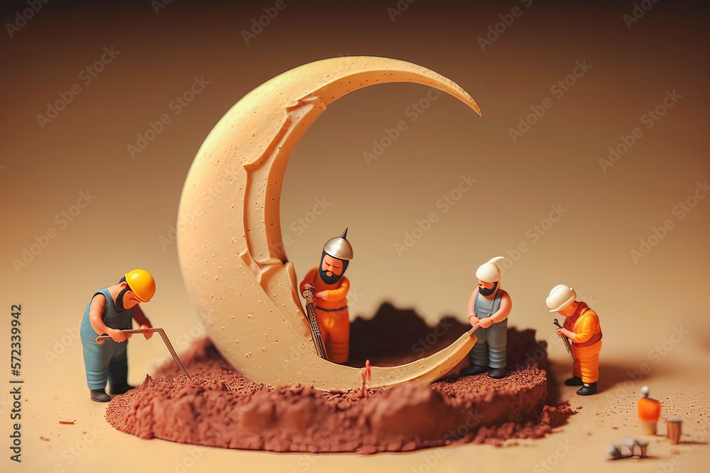Tiny workers building a crescent moon on Ramadan, Generative ai. Miniature world photography a ...