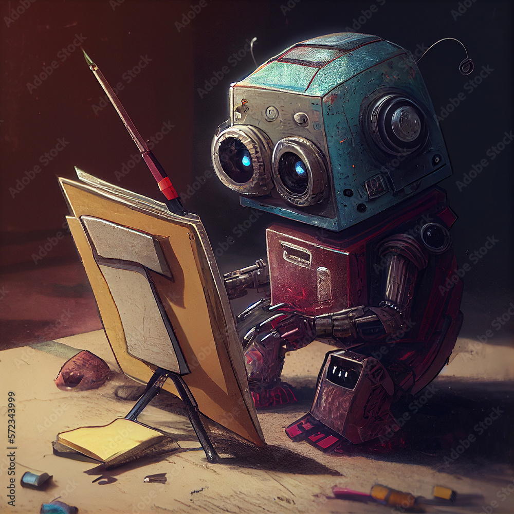 Artificiial intelligence robot drawing a picture, cyborg artist ...