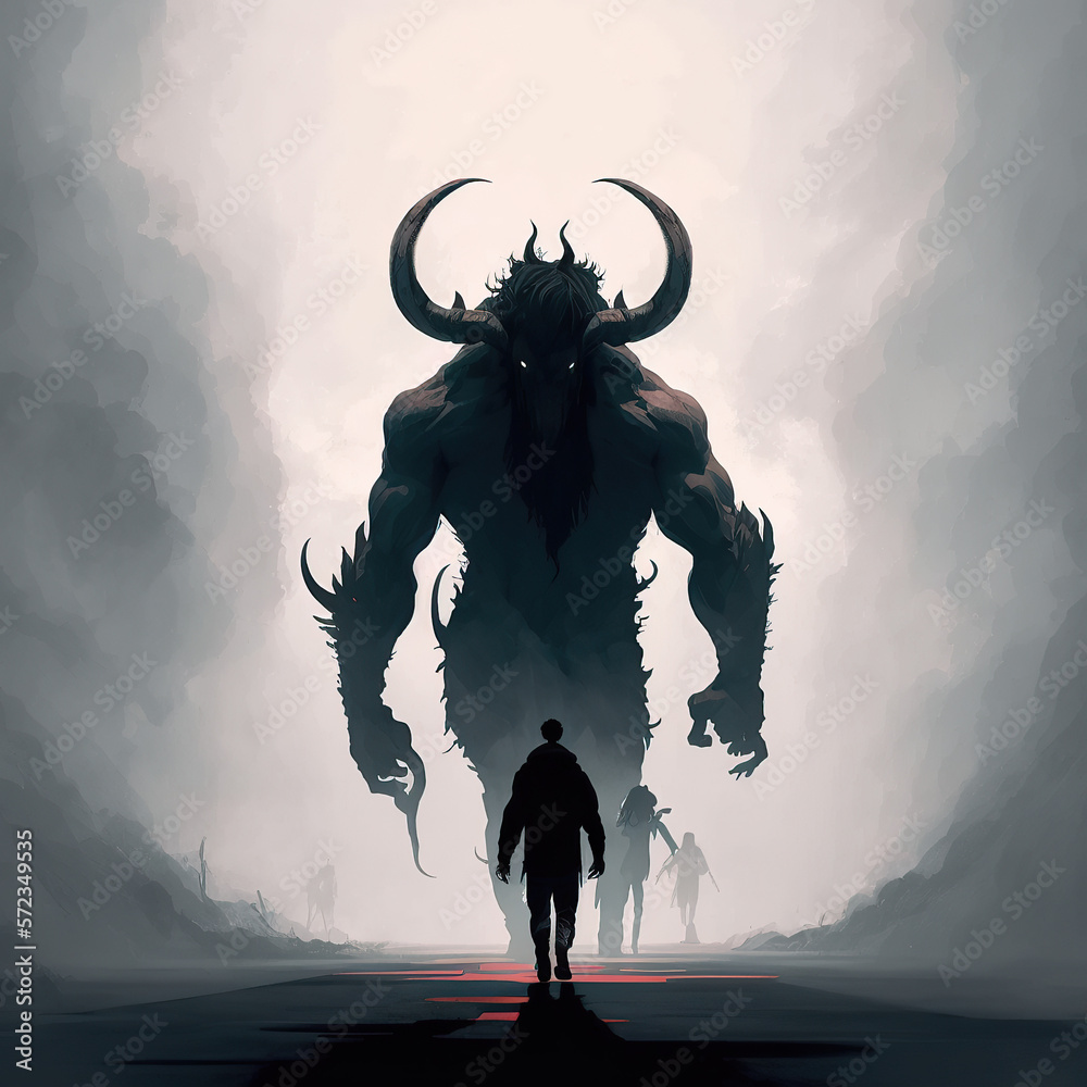 a man standing in front of a giant demon, concept art, behance contest ...
