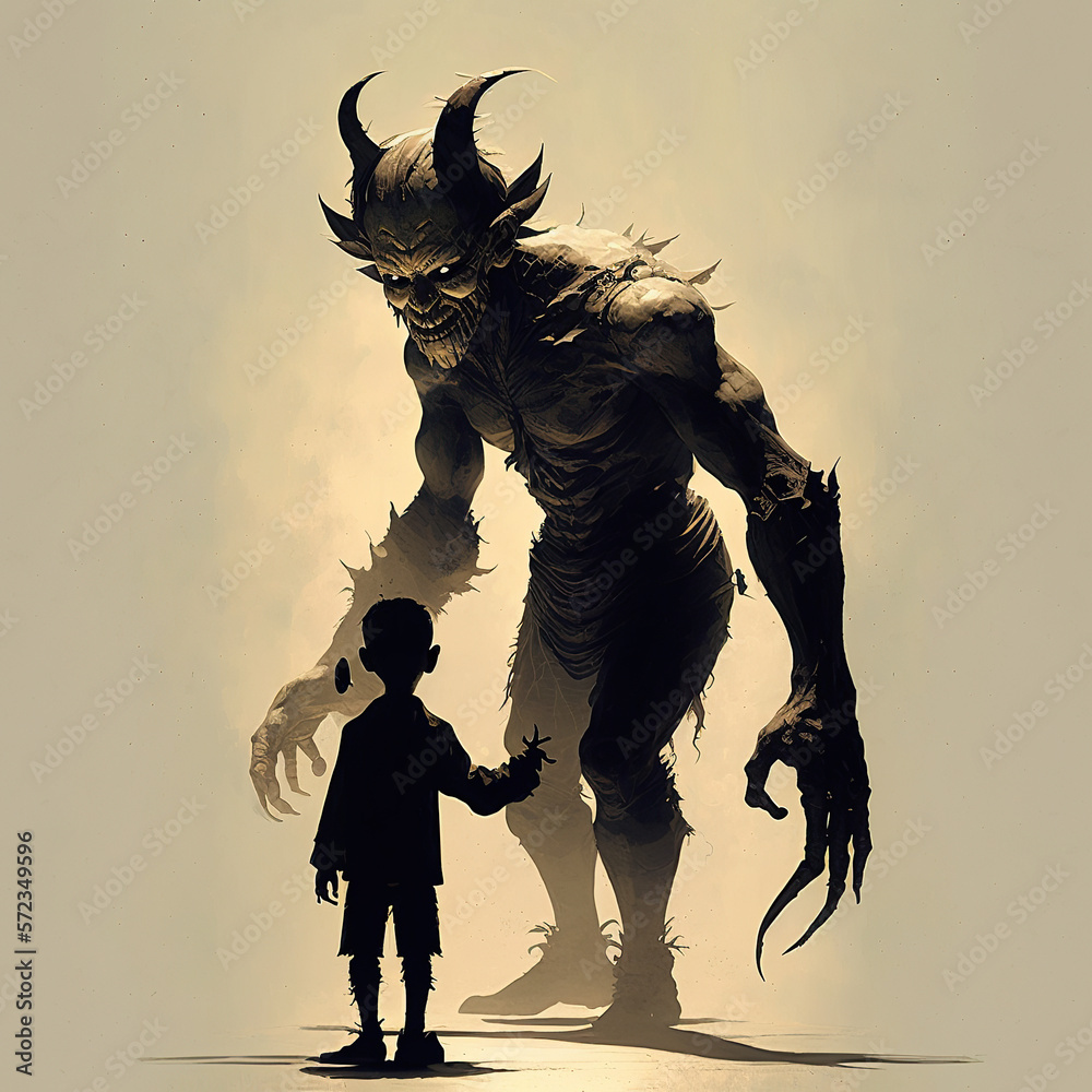 a little boy standing next to a giant demon, a storybook illustration ...