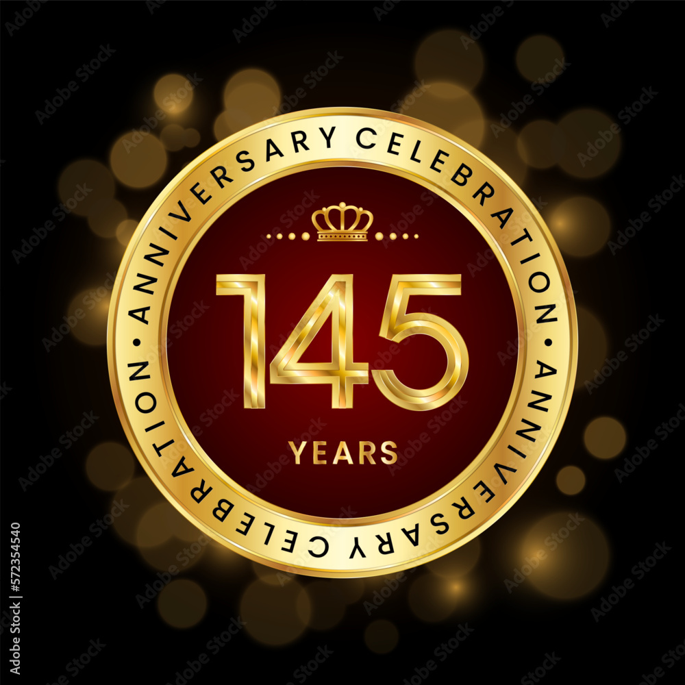 145th Anniversary Celebration. logo design with golden number and ring ...