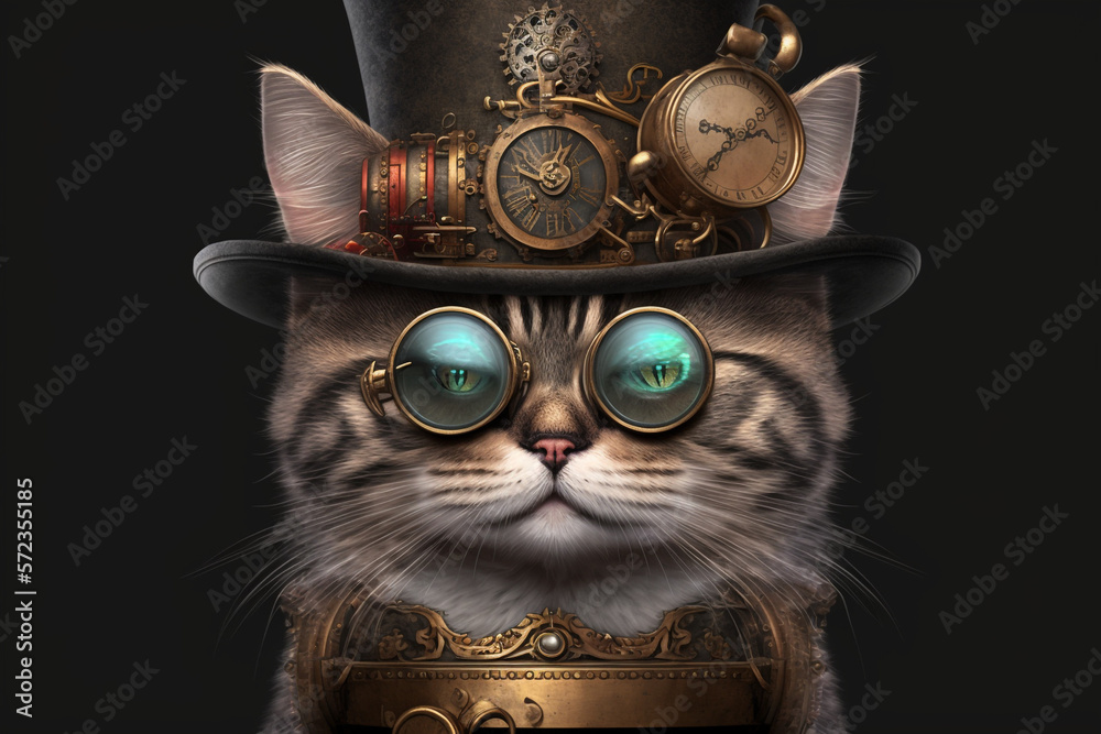 Steampunk, elegant cat in a cylinder with a monocle, lots of details ...