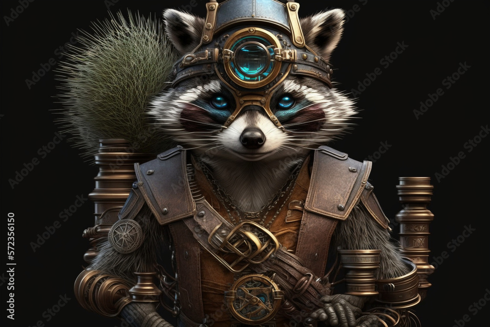 Steampunk, elegant raccoon in a cylinder with a monocle, lots of ...