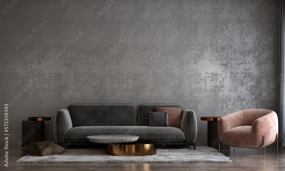 Modern living room and empty dark texture wall background interior ...