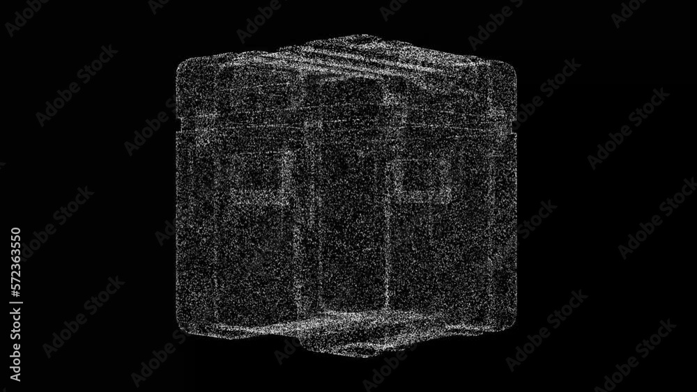3D futuristic box rotates on black bg. Object dissolved white ...