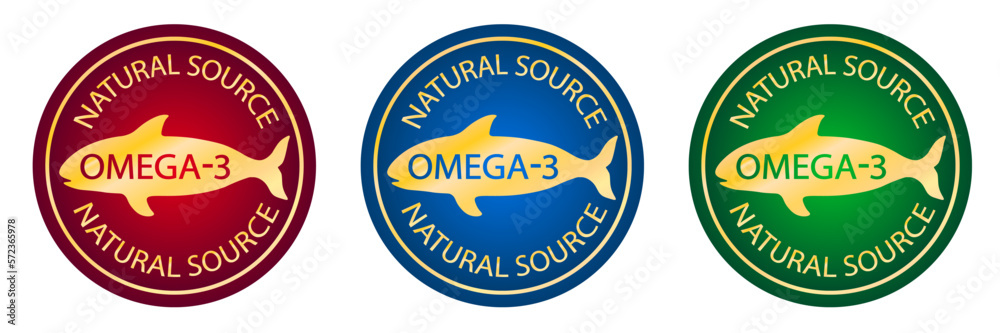 et of Omega-3 natural source stamps. Logo or label. Fish icon. Healthy ...