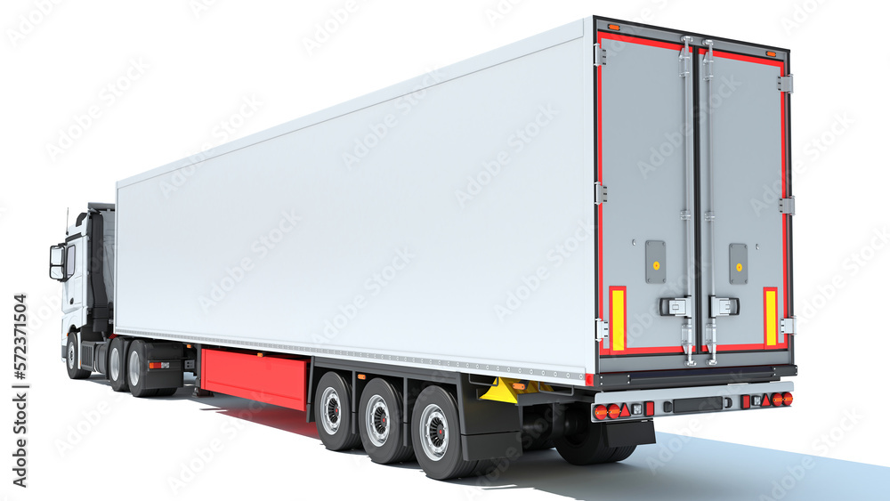 Truck with Reefer Refrigerator Trailer 3D rendering on white background ...