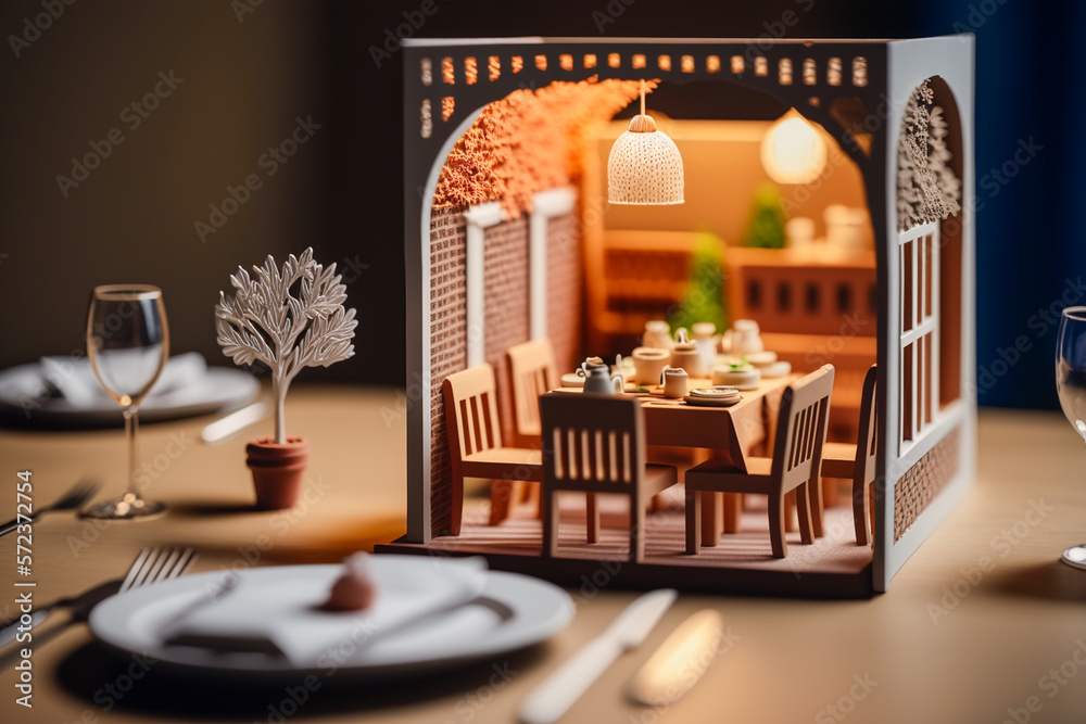 Restaurant papercraft background, mini, with lights, generative ai ...