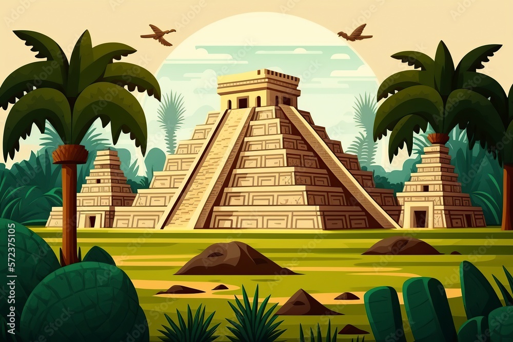 cartoon illustration, aztec city with mayan pyramids and statues, ai ...
