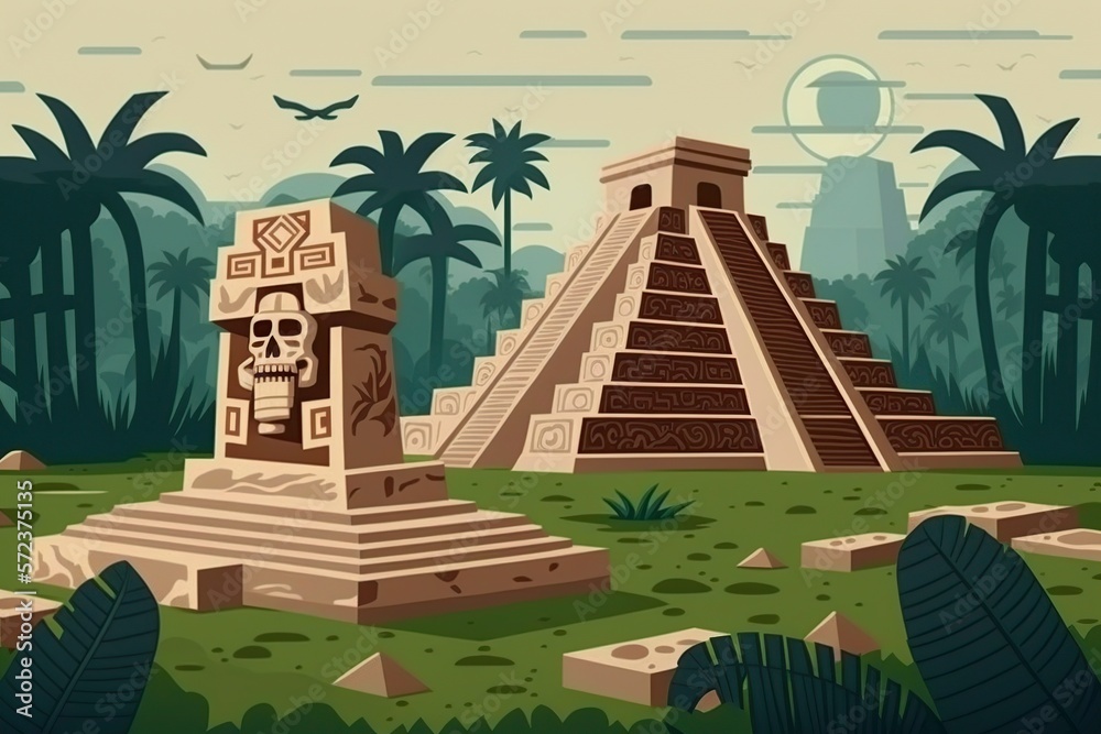 cartoon illustration, aztec city with mayan pyramids and statues, ai ...